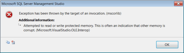 Error in SSMS: Attempted to read or write protected memory. | SQL Studies